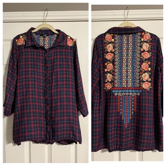 ANDREE BY UNIT | Tops | Andree By Unit Floral Embroidered Plaid Button ...